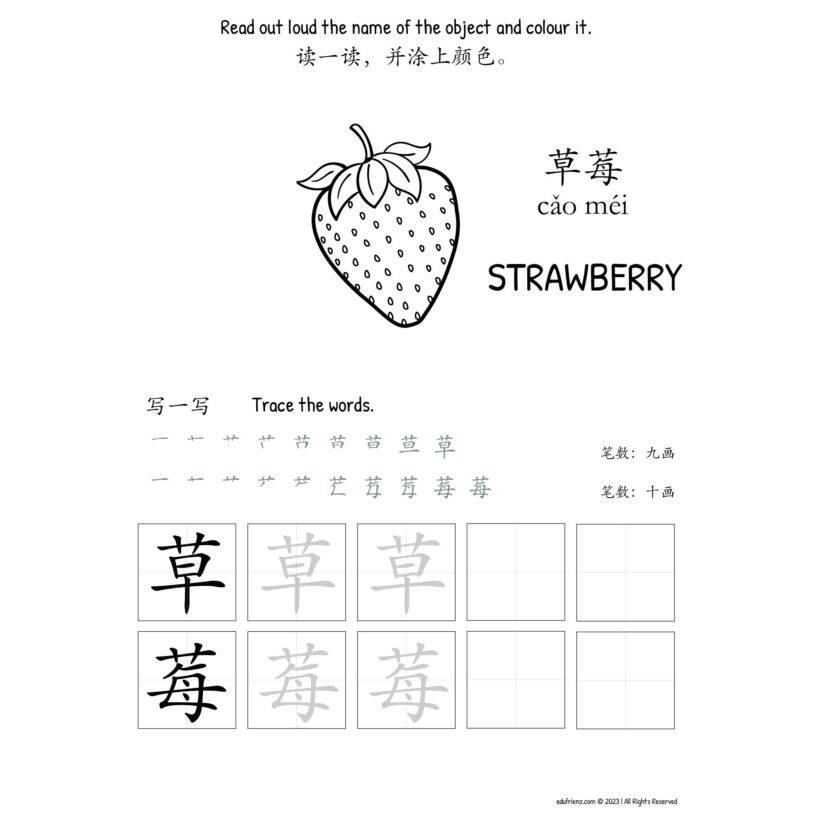 Edufrienz 99 Chinese-English Fruits Writing Practice (16 Pages)